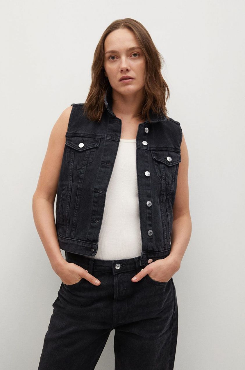 Rifľová vesta Mango Vicky dámska, šedá farba, prechodná značky Mango ...